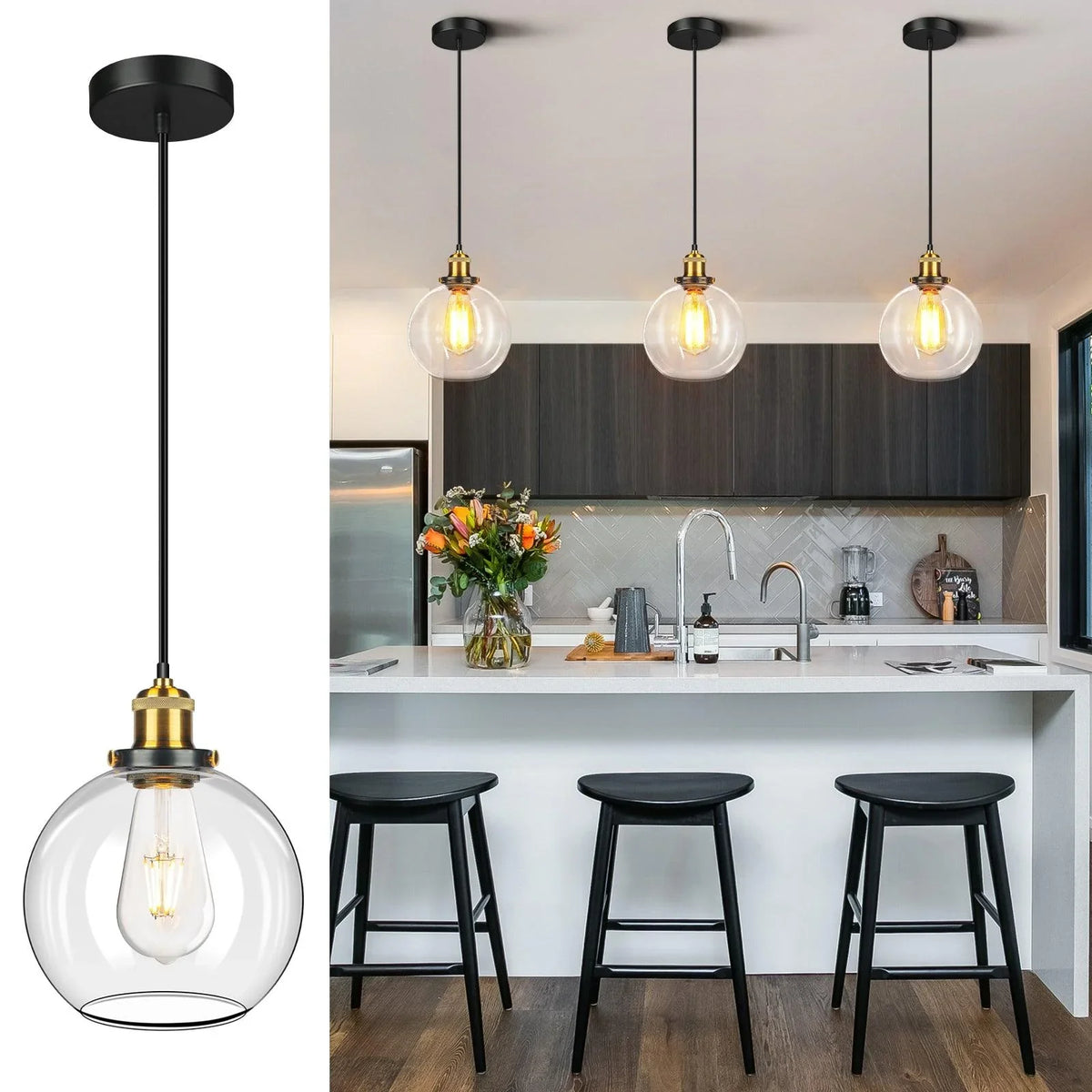 Glass Pendant Light Modern Hanging Single Dome Island Light 1-3-Pack ...