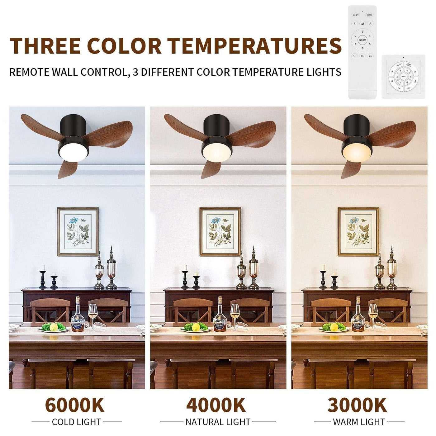 Small Ceiling Fan with Light and Remote Control LED Flush Mount, Wood ...