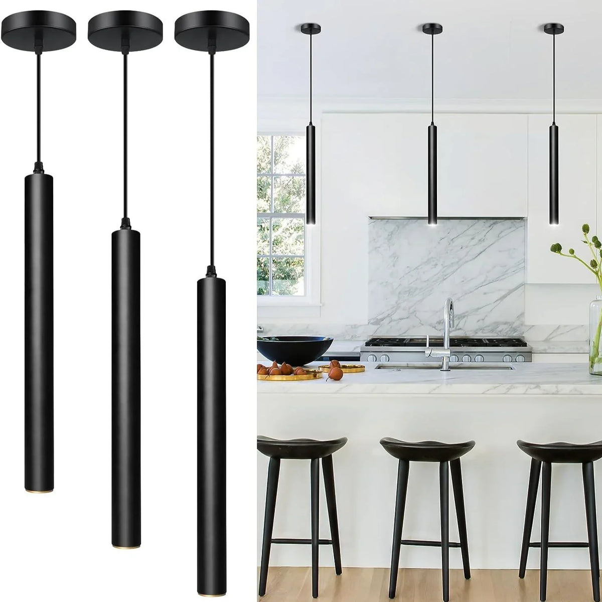 OKELI Modern Black LED Minimalist Strip Pendant Lights Kitchen Island ...
