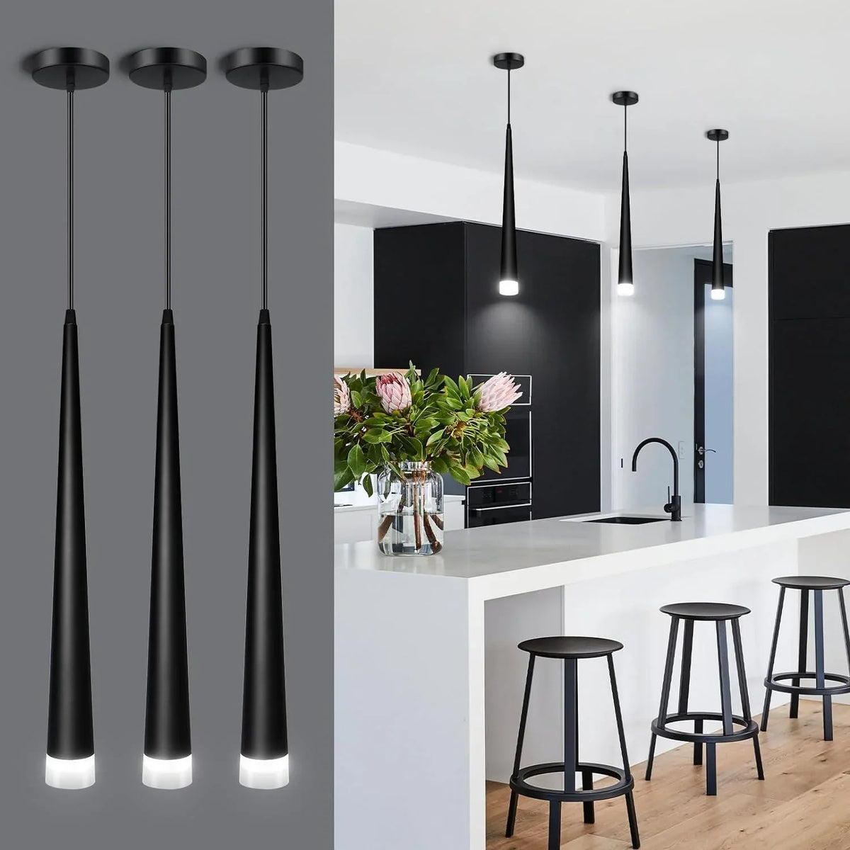 OKELI Black LED Pendant Light Minimalist Conical Dimmable Hanging 3 ...